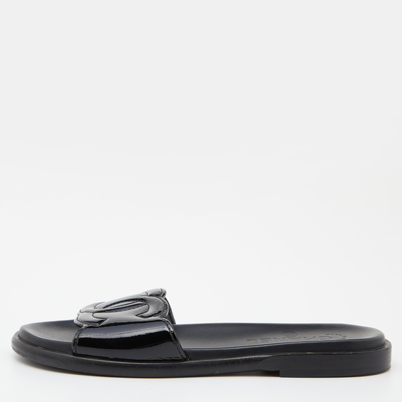 CHANEL | Shoes | Chanel Black Patent Leather Cc Flats Slide Size 37 ...